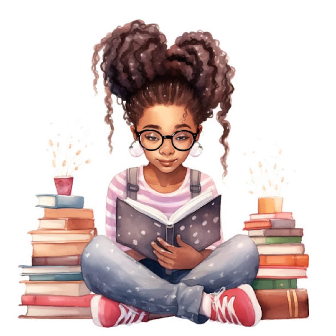 Watercolour Black Girl Reading Clipart, Girl Studying Clipart, Book ...