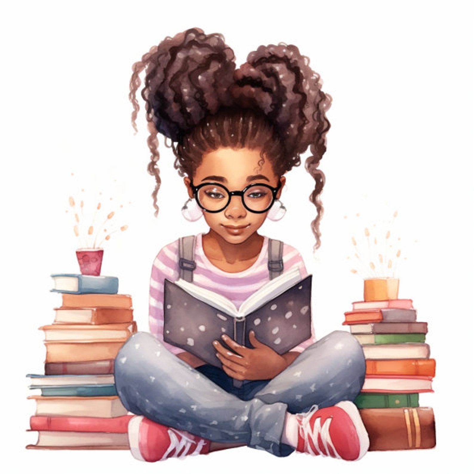 Watercolour Black Girl Reading Clipart, Girl Studying Clipart, Book ...