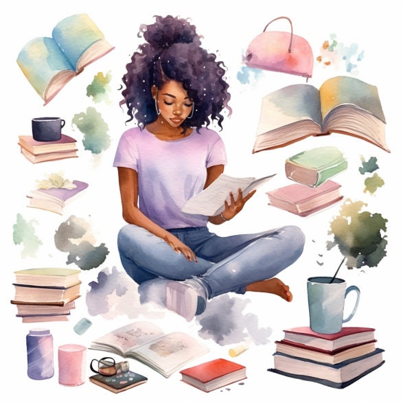 Watercolour Black Girl Reading Clipart, Girl Studying Clipart, Book ...