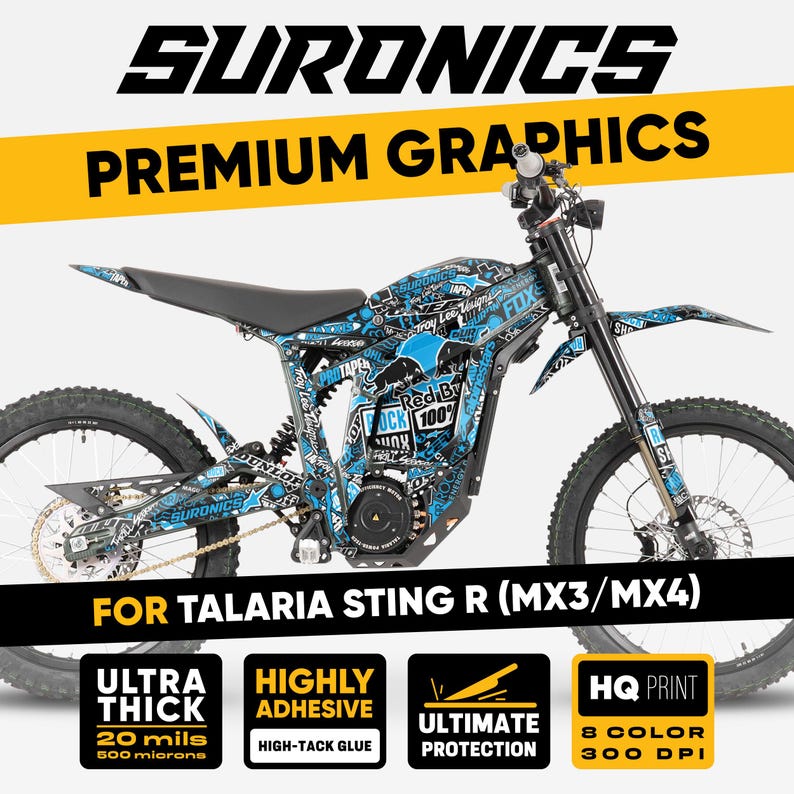 Talaria Sting MX3 MX4 Graphics Kit STICKY Black Cyan Decals Vinyl Wrap ...