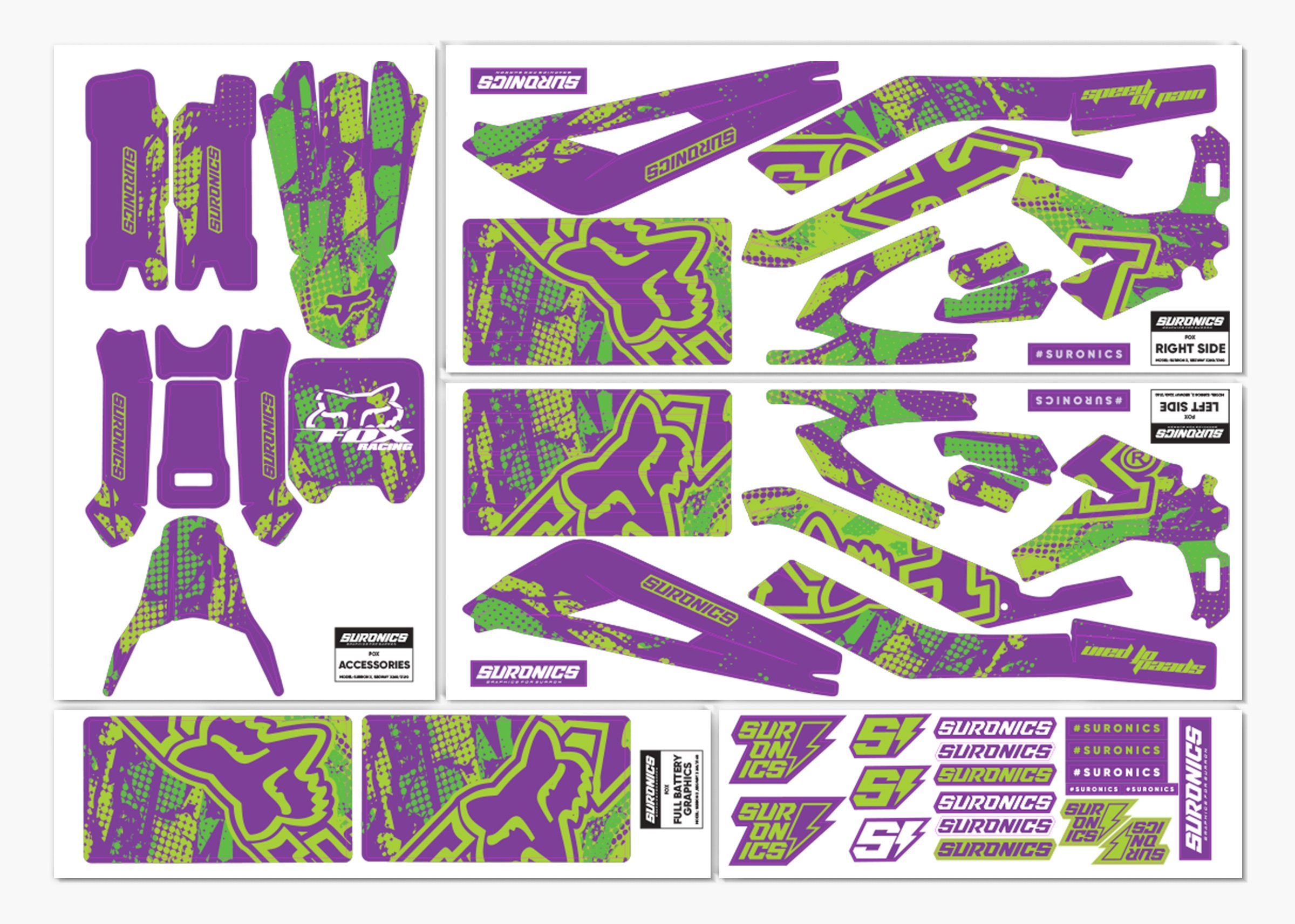 Suronics FOX SPEED RIDER Purle & Green Graphics Kit for Surron Lightbee ...