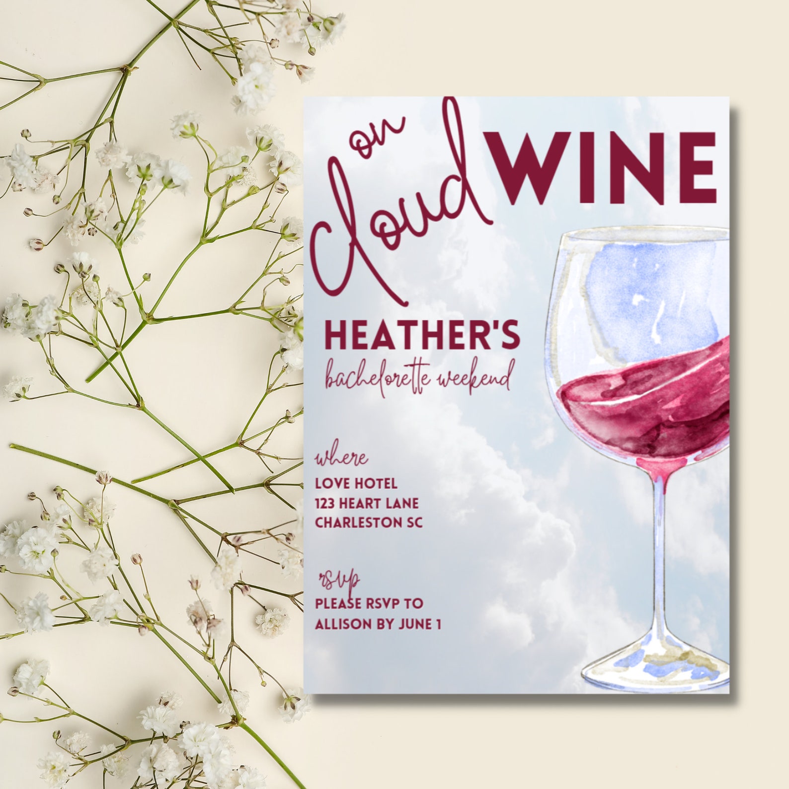 On Cloud Wine Bachelorette Invitation & Itinerary/email Template, Bachelorette Weekend, Instant ...