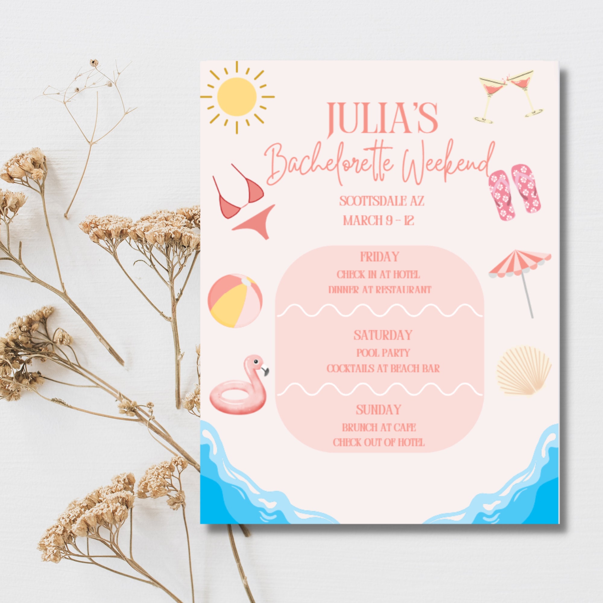 Pool Party Bachelorette Invitation & Itinerary Template - Etsy