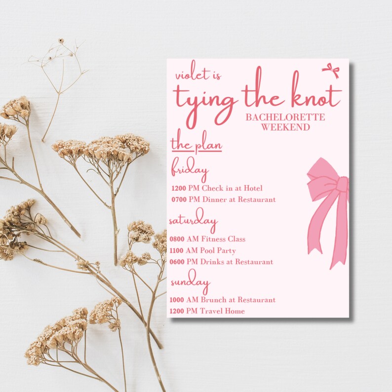 She's Tying the Knot Bow Bachelorette Invitation/email & Itinerary ...