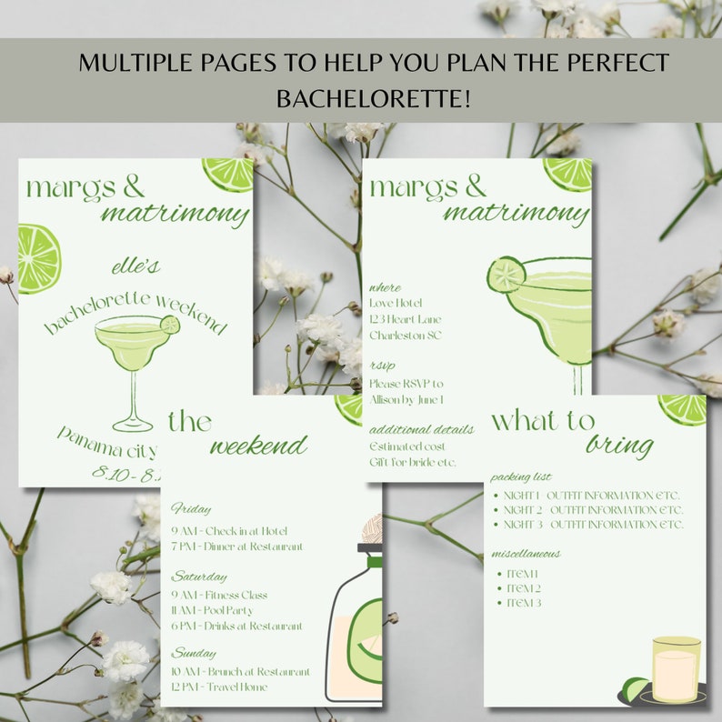 Margs and Matrimony Bachelorette Invitation & Itinerary/email Template ...