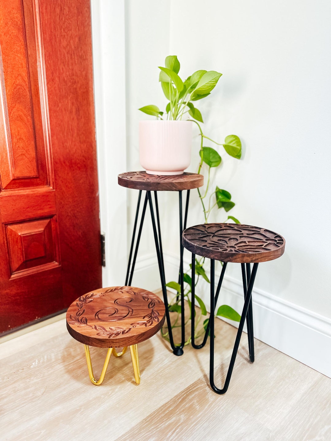 Floral Hairpin Leg Plant Stand Wood Table Side Table Plant Shelf Home ...