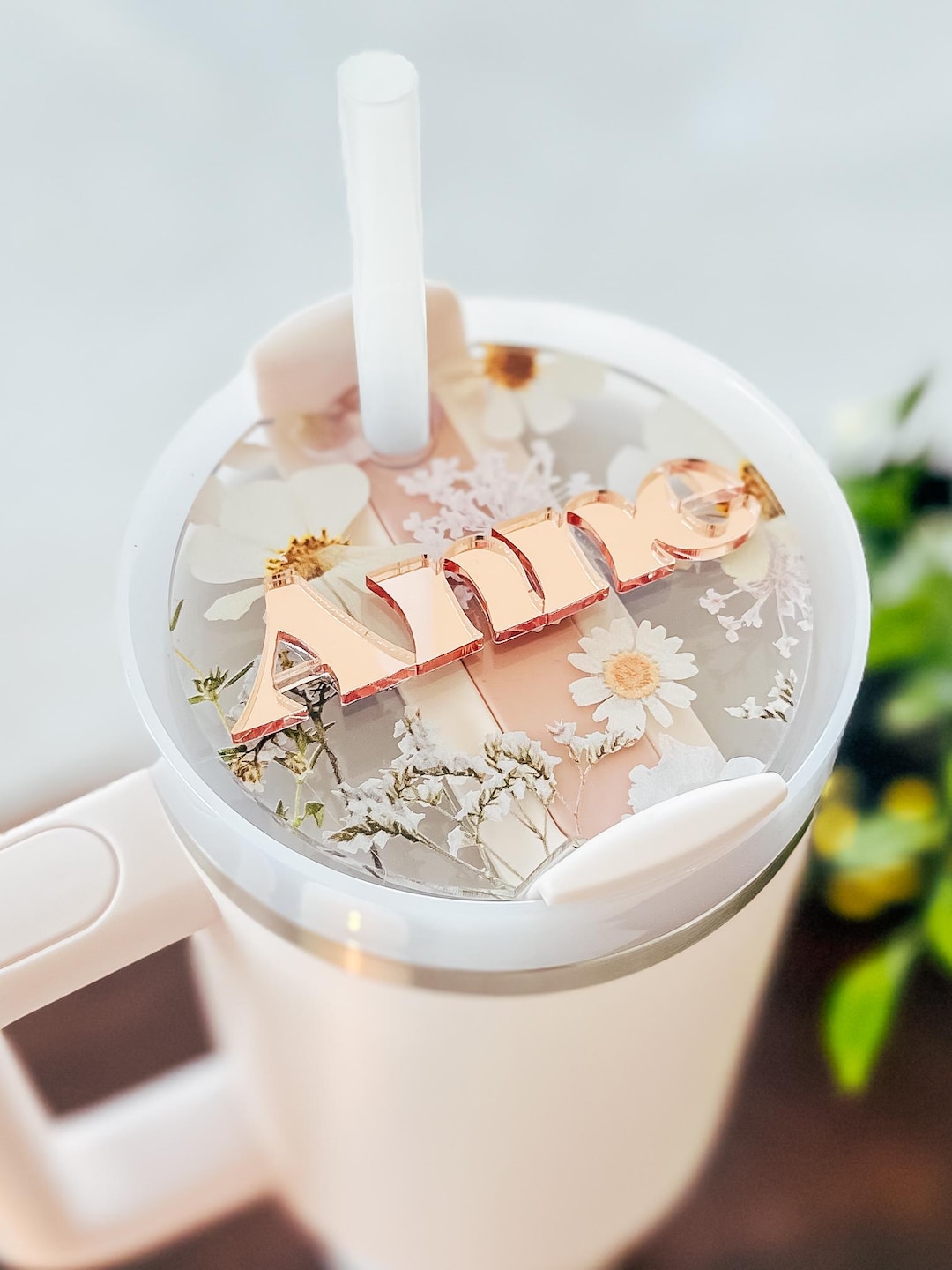 Pressed Flowers Stanley Tumbler Topper | Custom Stanley Tumbler Name ...