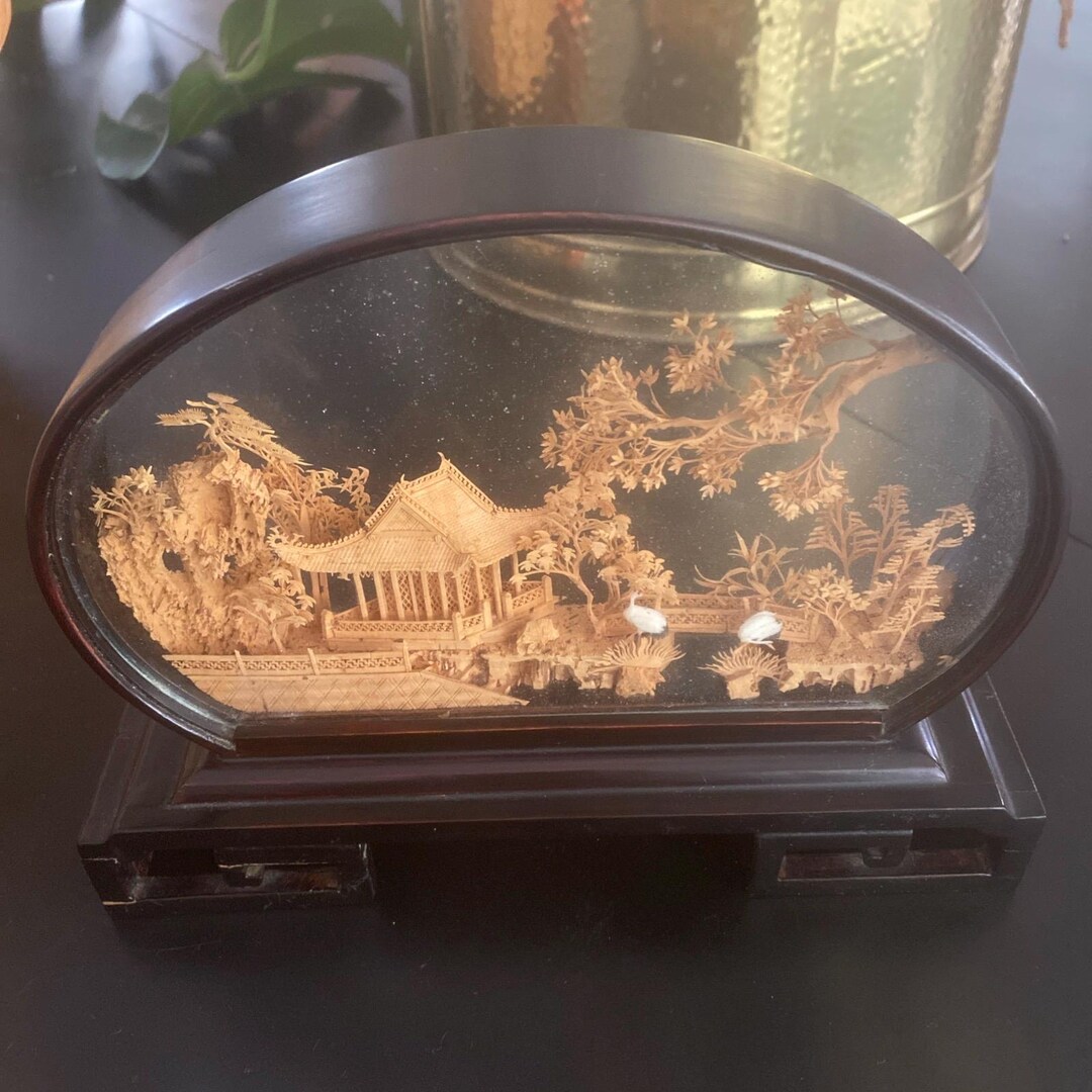 Vintage Chinese Cork Art Hand Carved Diorama Pagoda Trees and Birds - Etsy