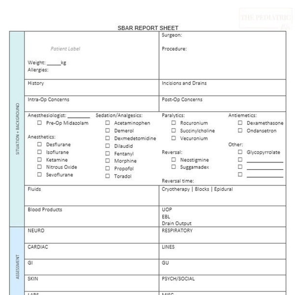 Pacu Nurse Report Sheet - Etsy