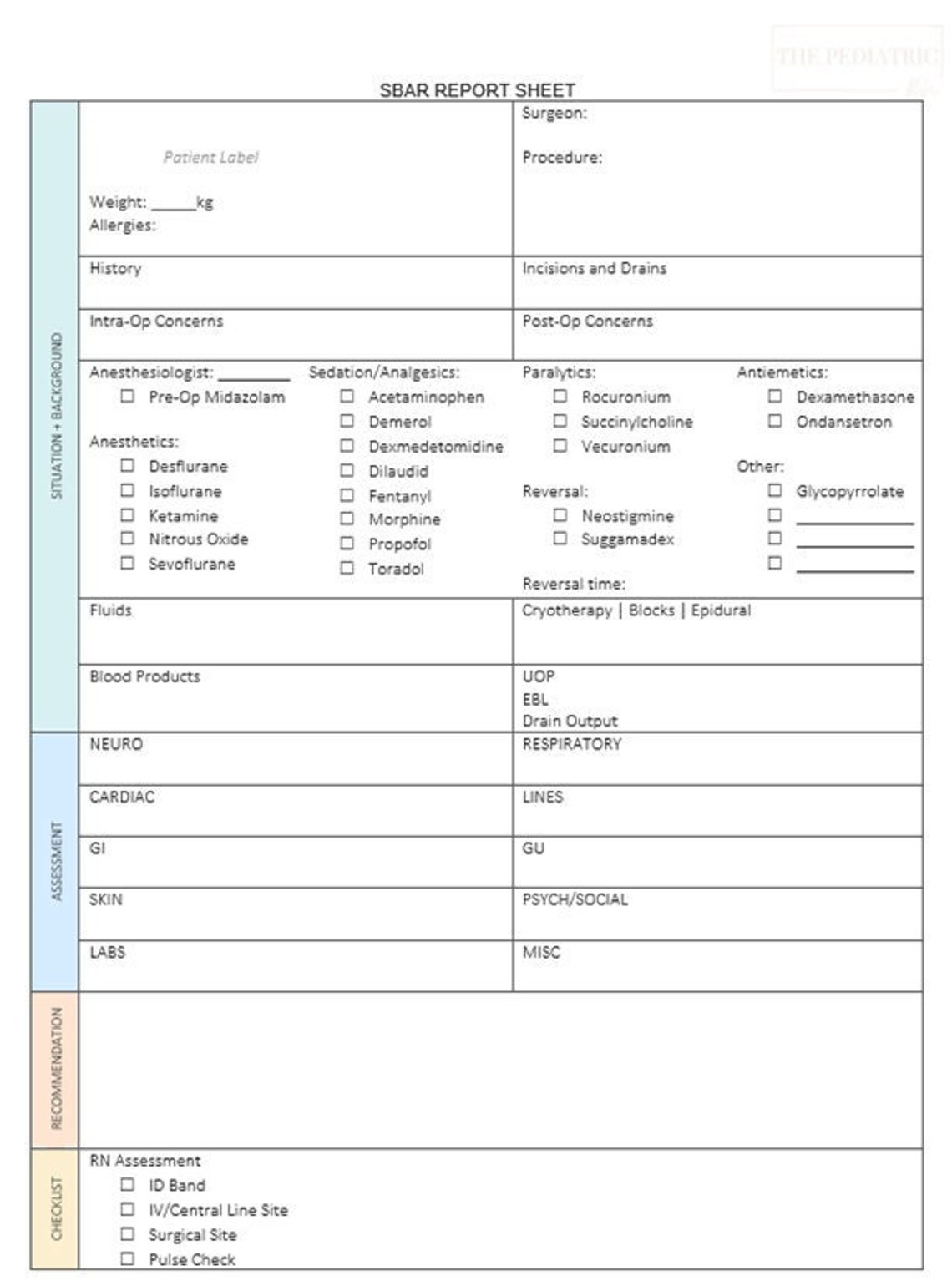 PACU SBAR Report Sheet - Editable - Etsy