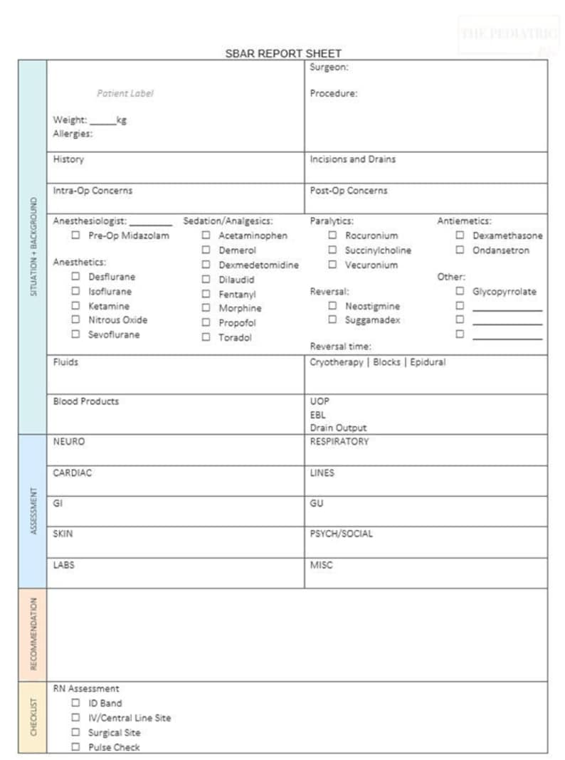 PACU SBAR Report Sheet - Editable - Etsy