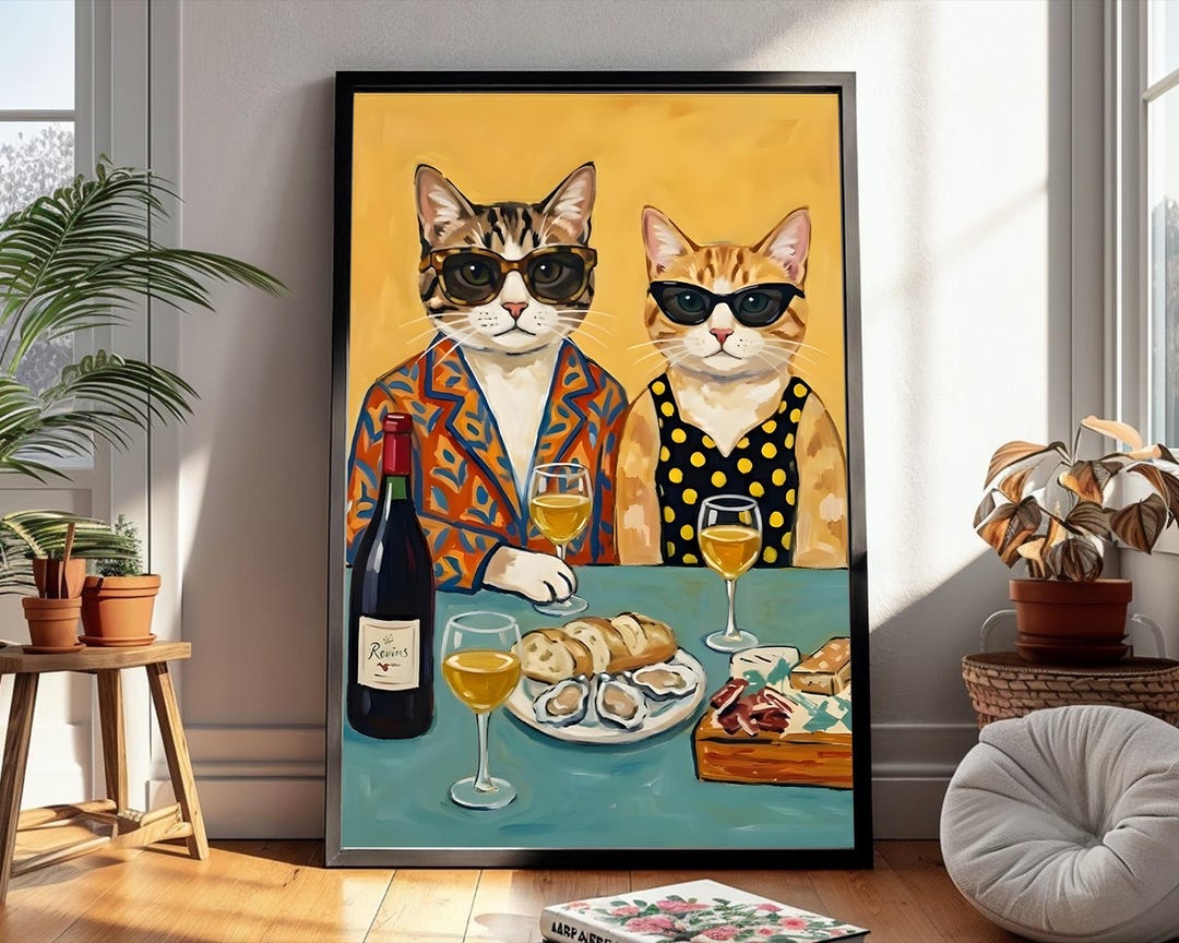 Funny Wine Cats Party Poster, Cool Sunglasses Cats Dinner Art, Retro ...