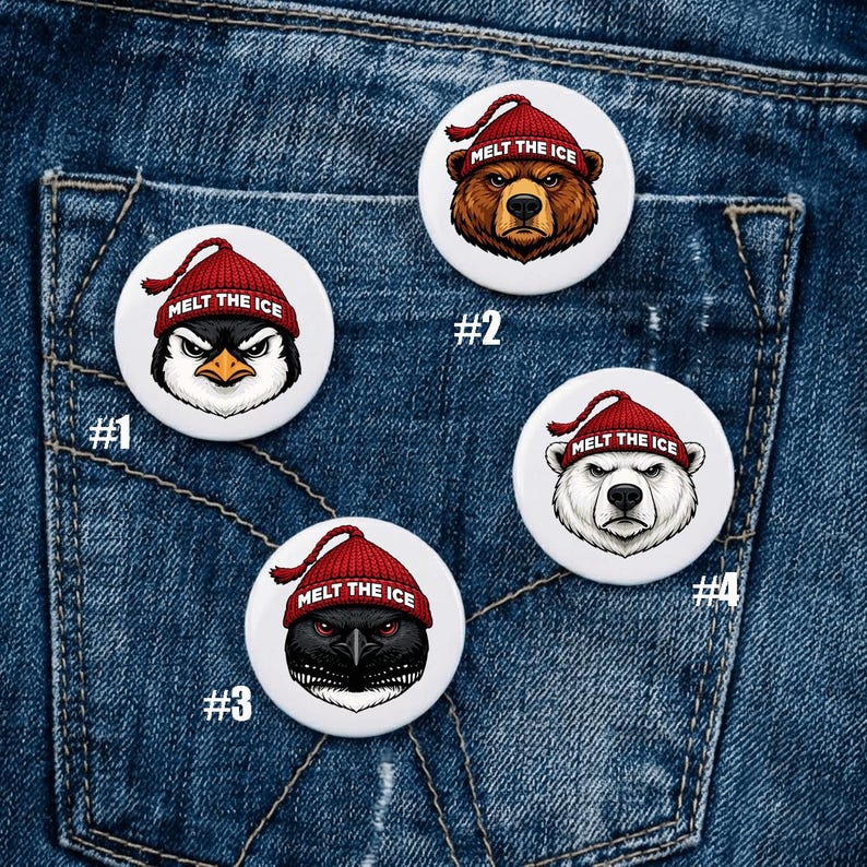Melt the Ice Pin Buttons, Anti ICE Red Hat Stickers, Polar Bear Penguin ...