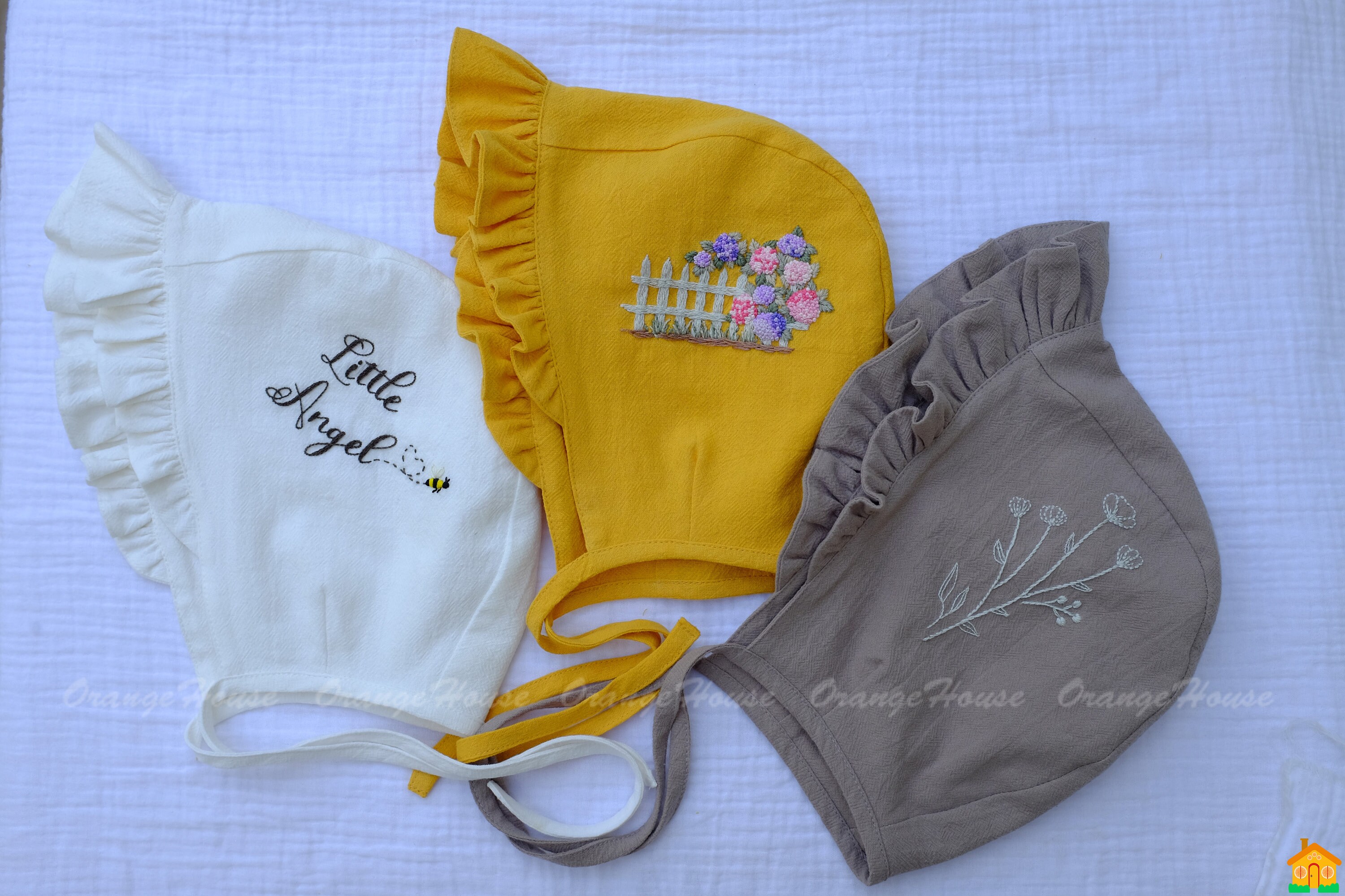 Moon Embroidered Linen Baby Bonnet Made by Pure Linen Fabric 2 - Etsy