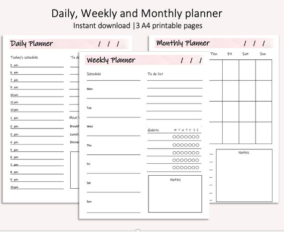 Daily Weekly Monthly Planner Printable Planner Digital | Etsy