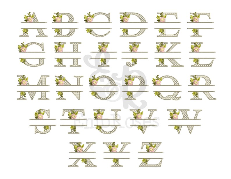 A-Z Split Monogram for Machine Embroidery Flower Motif Alphabet 5 Sizes ...