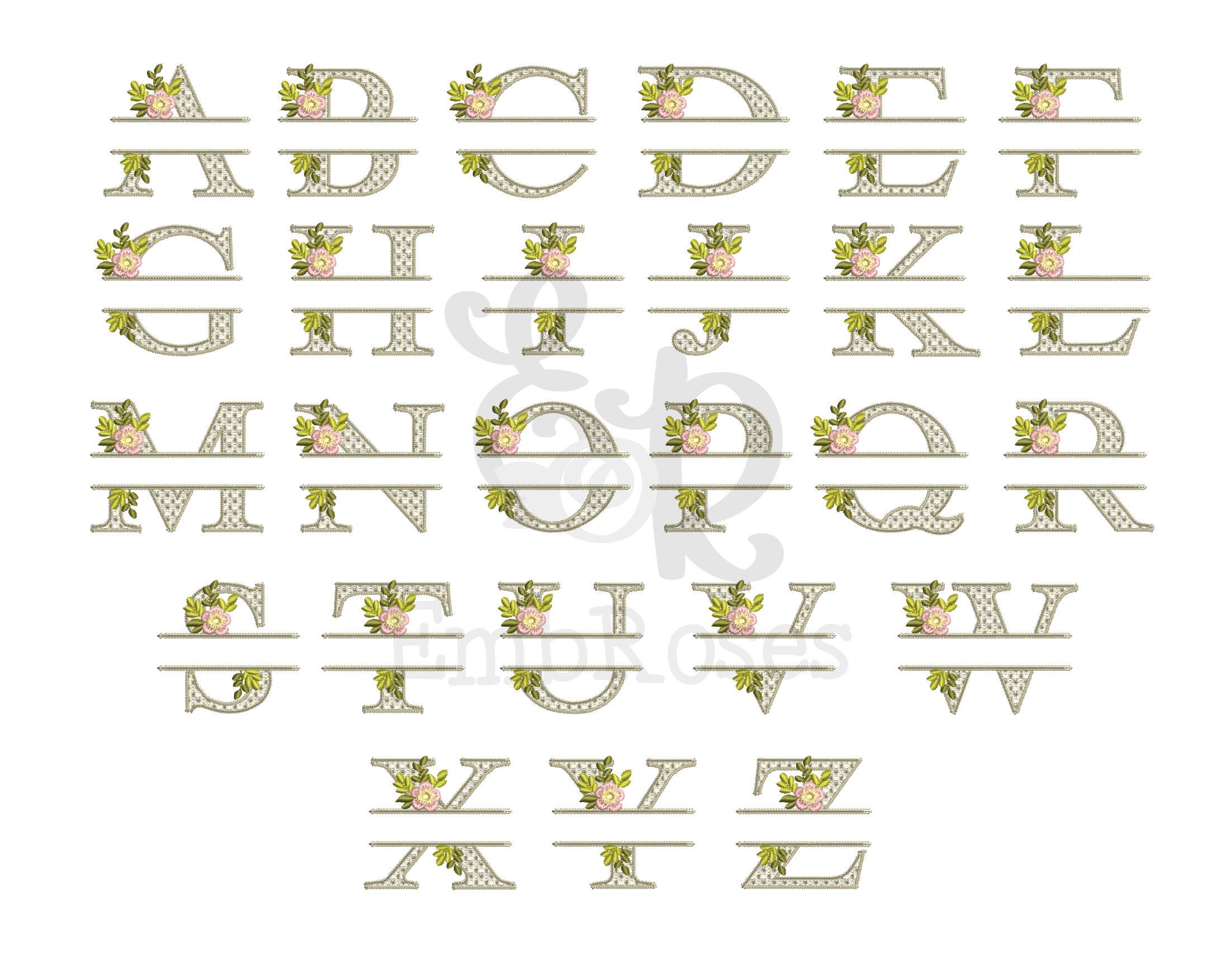 A-Z Split Monogram for Machine Embroidery Flower Motif Alphabet 5 Sizes ...