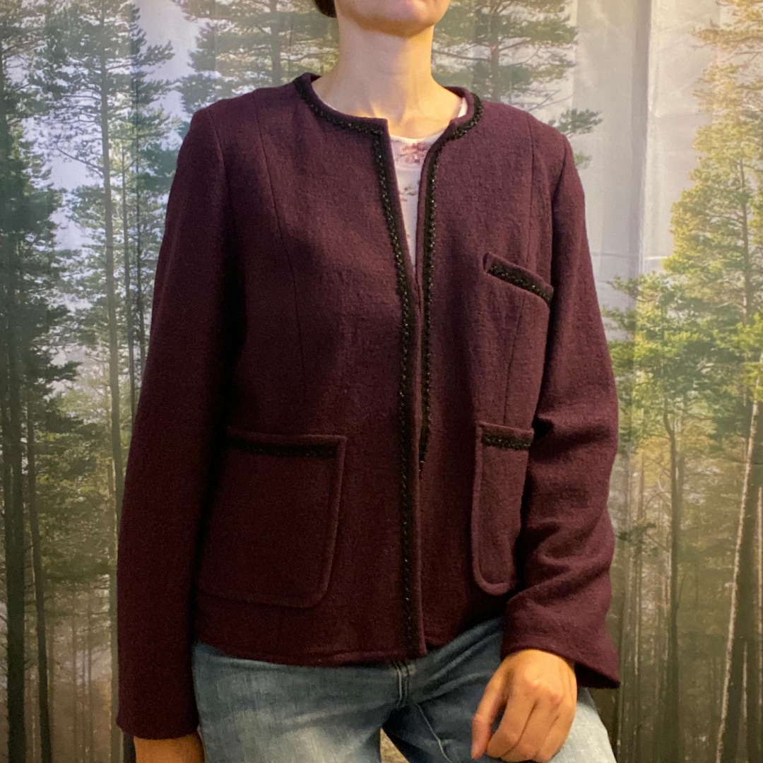 Plum Wool Tweed Jacket Blazer, Collarless Style Cardigan Jacket ...