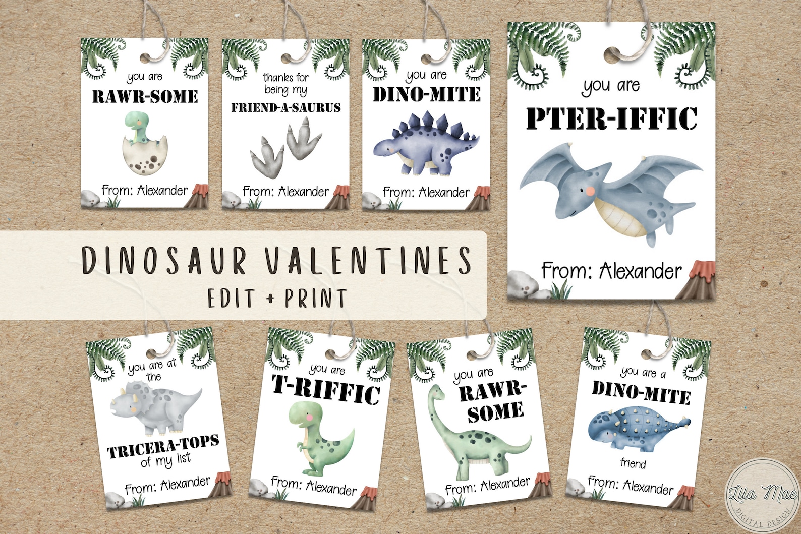 Editable and Printable Dinosaur Valentines Day Tag, Dino Cards Template ...
