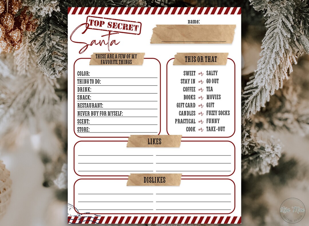 Printable Secret Santa Questionnaire, Christmas Gift Exchange Survey ...