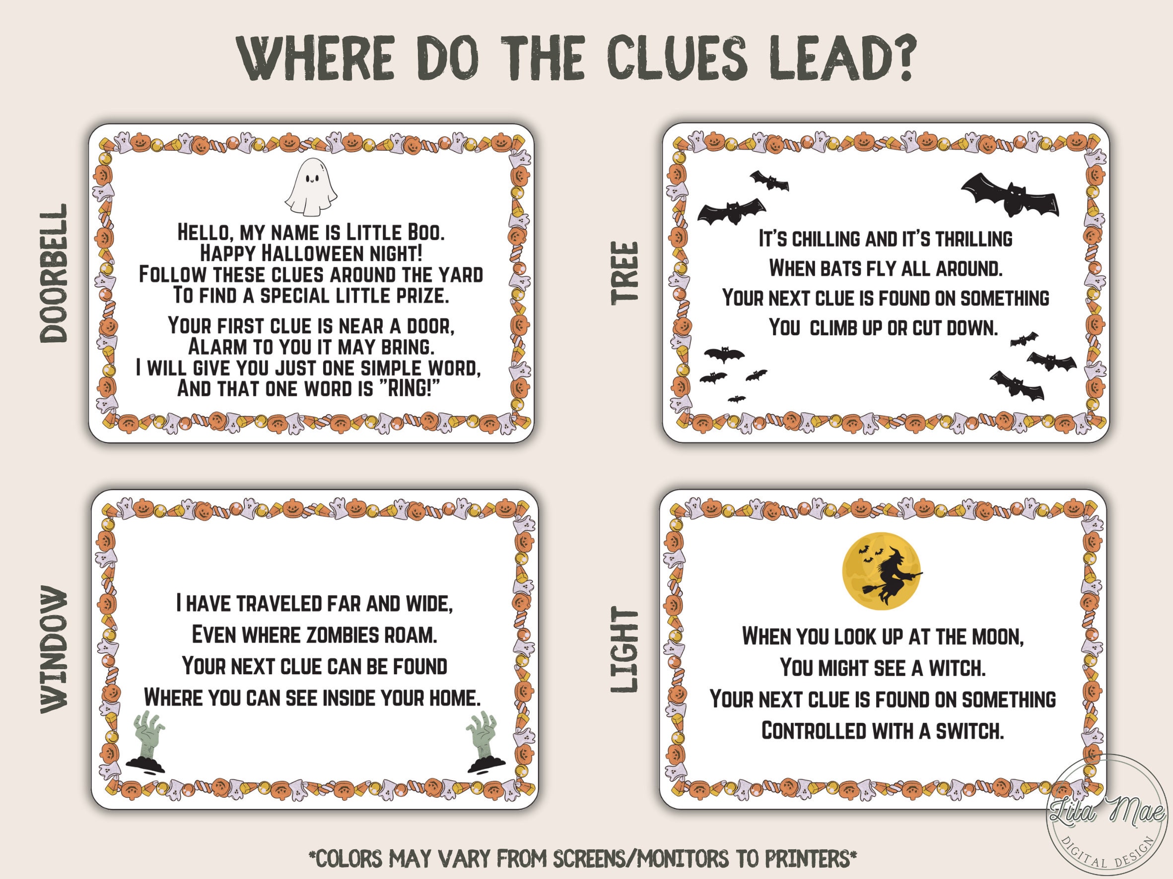 Printable Outdoor Halloween Treasure Hunt for Kids, 15 Riddle Clue ...