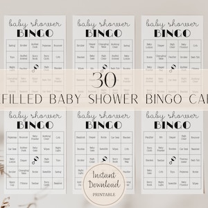 Printable Prefilled Baby Shower Bingo Game, Set of 30 Bingo Cards Ready ...