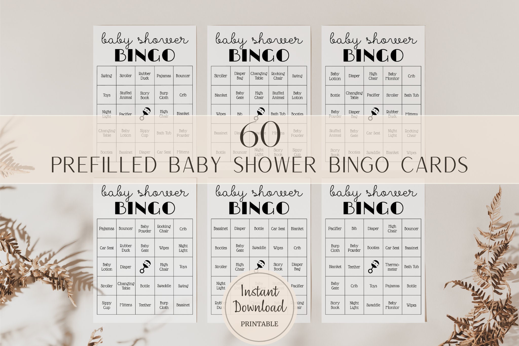 Printable Prefilled Baby Shower Bingo Game, Set of 60 Bingo Cards Ready ...