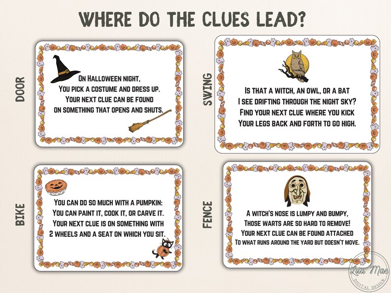 Printable Outdoor Halloween Treasure Hunt for Kids, 15 Riddle Clue ...