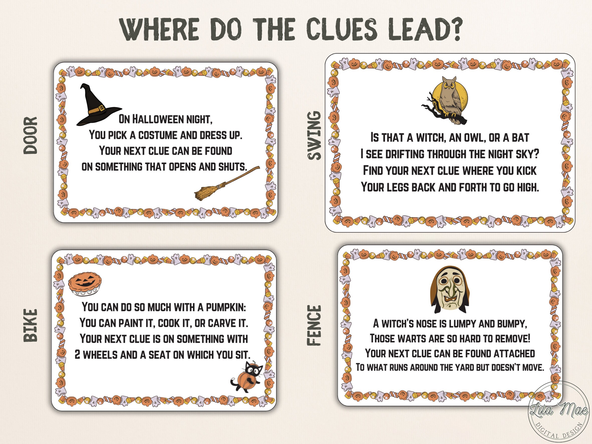 Printable Outdoor Halloween Treasure Hunt for Kids, 15 Riddle Clue ...