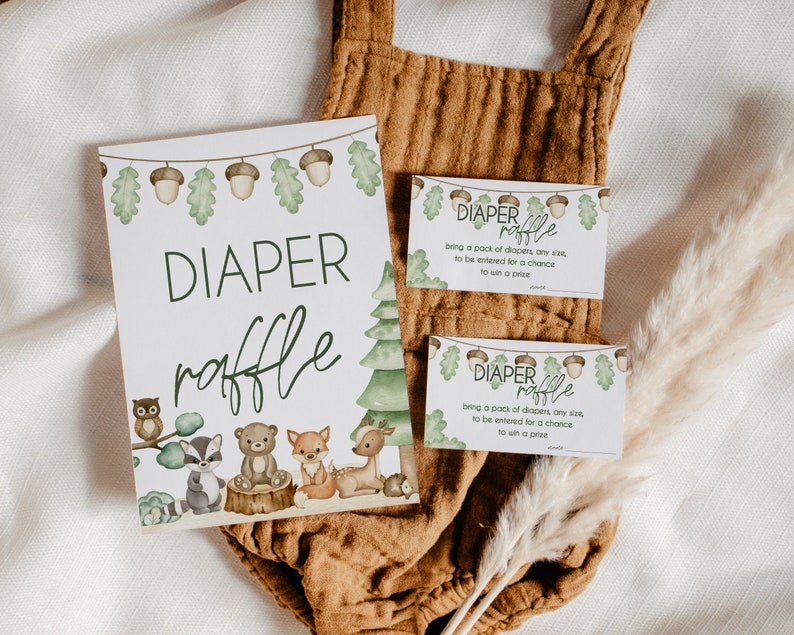 Diaper Raffle Sign and Tickets, Printable Woodland Baby Shower Game ...
