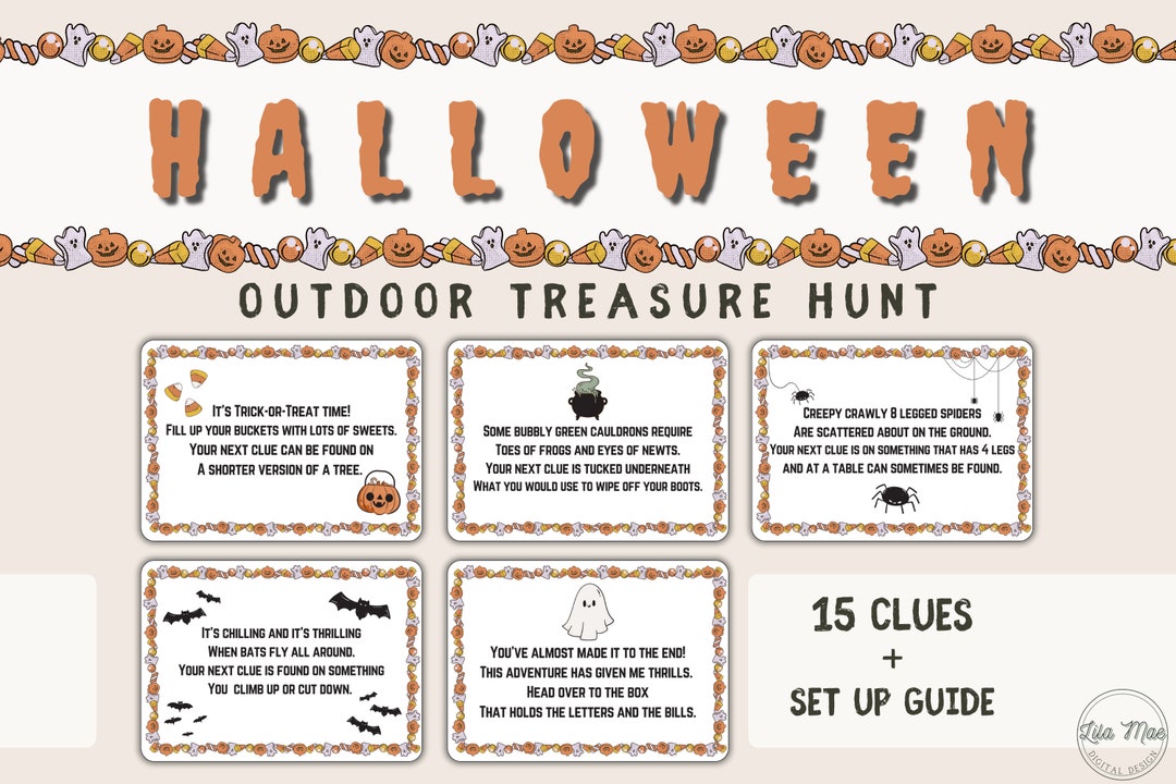 Printable Outdoor Halloween Treasure Hunt for Kids, 15 Riddle Clue ...