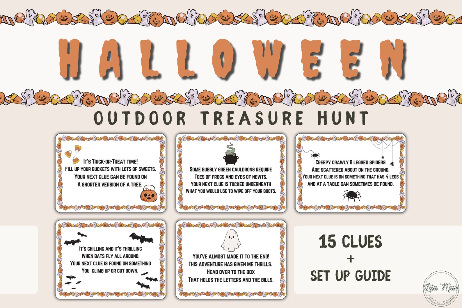 Printable Outdoor Halloween Treasure Hunt for Kids, 15 Riddle Clue ...