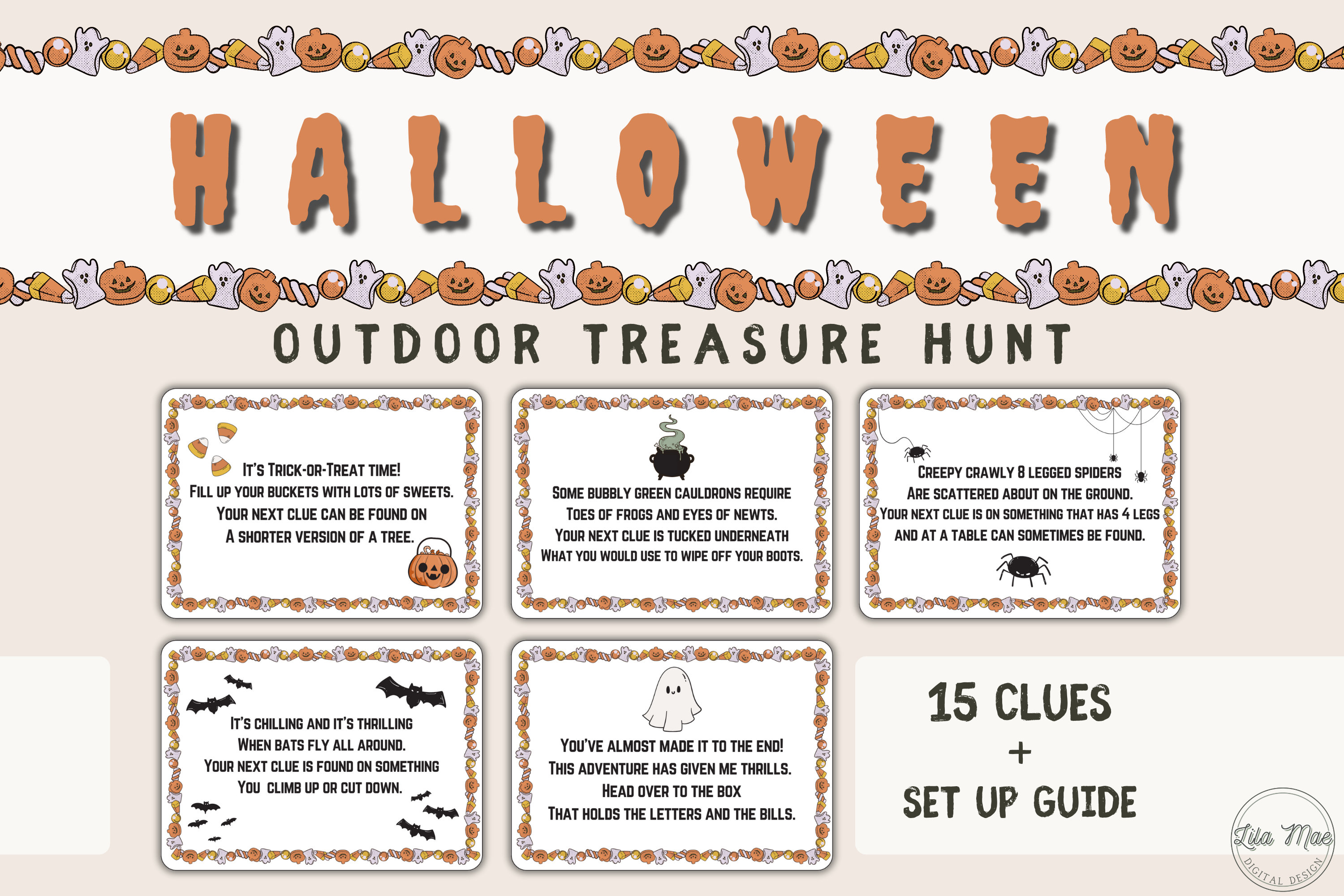 Printable Outdoor Halloween Treasure Hunt for Kids, 15 Riddle Clue ...
