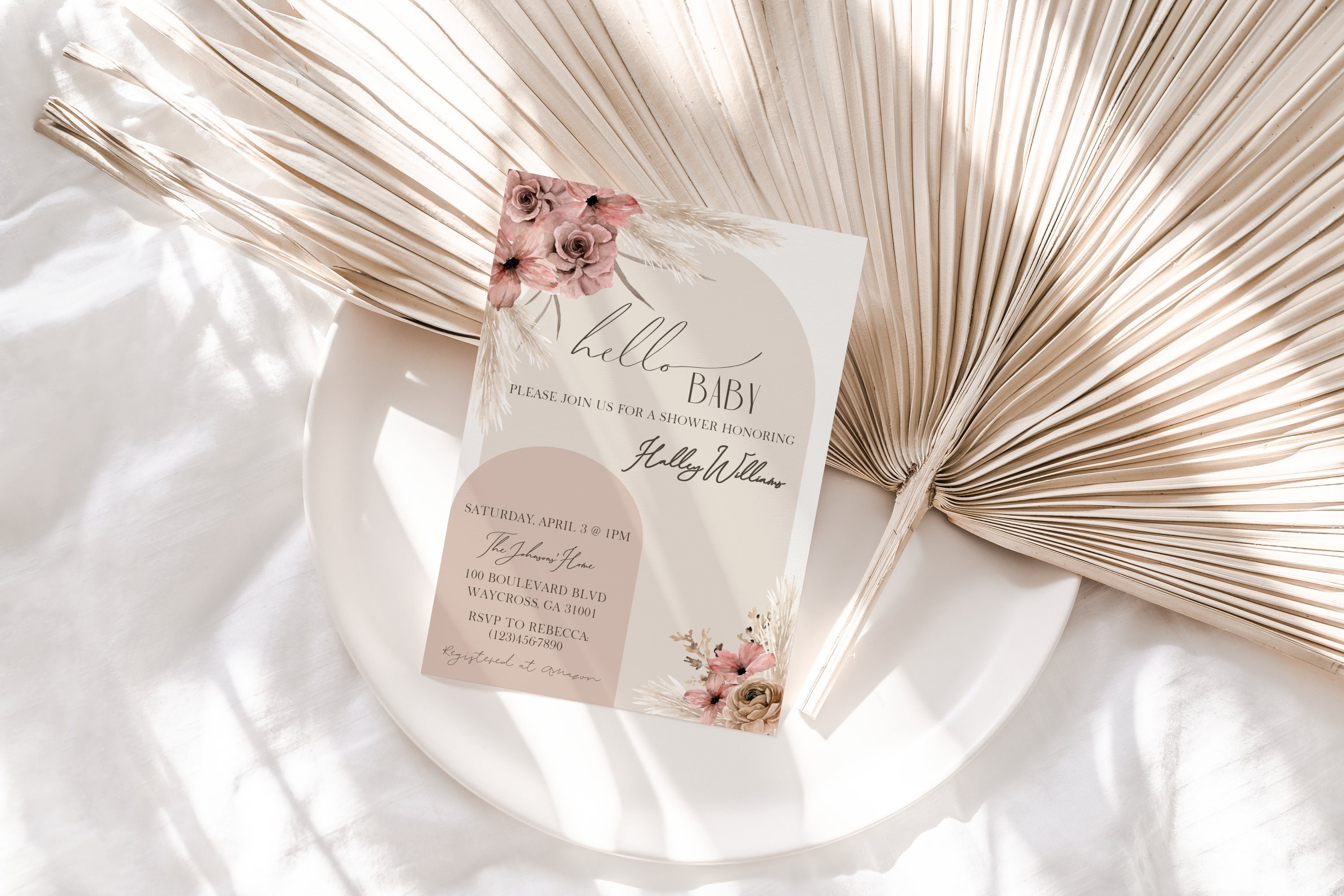 Editable Boho Baby Shower Invitation, Girl Baby Shower, Pink Flowers ...