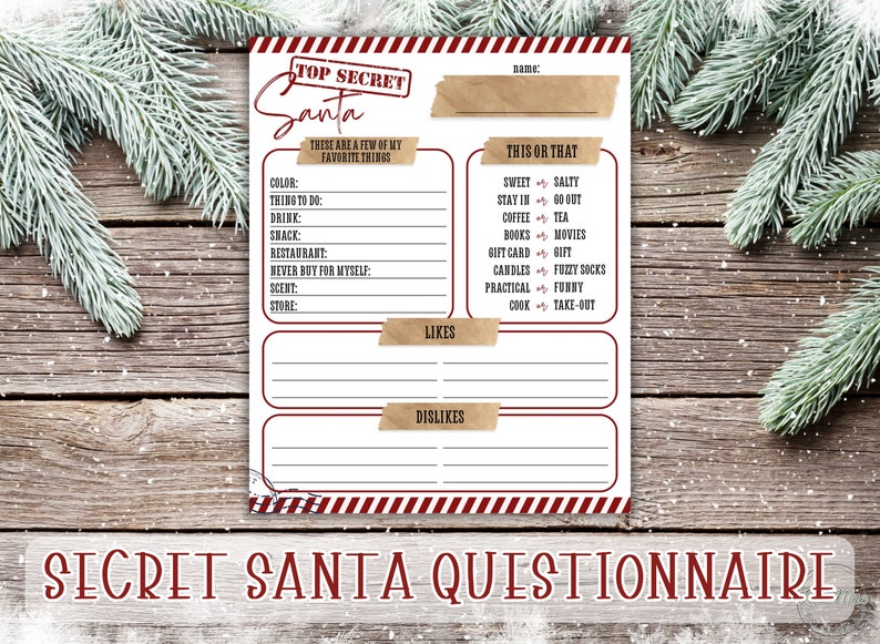 Printable Secret Santa Questionnaire, Christmas Gift Exchange Survey ...