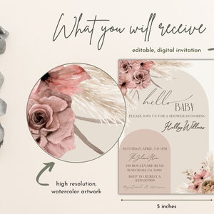 Editable Boho Baby Shower Invitation, Girl Baby Shower, Pink Flowers ...