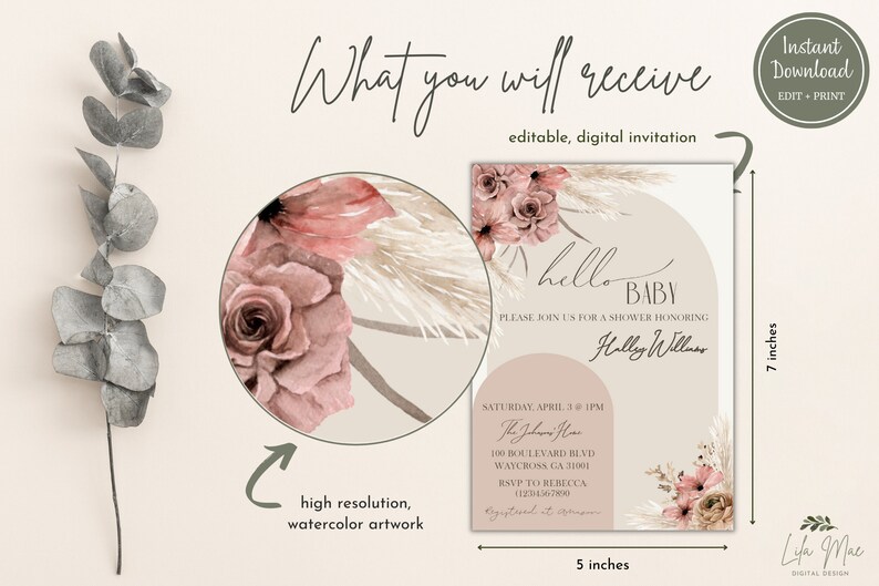 Editable Boho Baby Shower Invitation, Girl Baby Shower, Pink Flowers ...