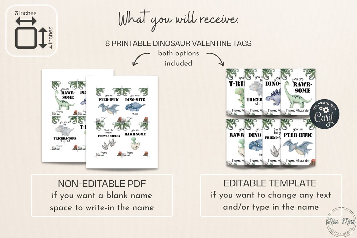 Editable and Printable Dinosaur Valentines Day Tag, Dino Cards Template ...
