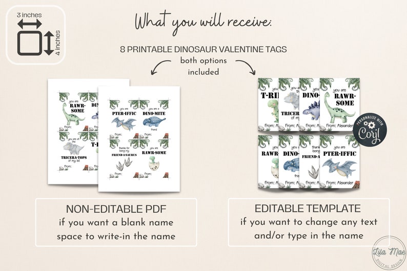 Editable and Printable Dinosaur Valentines Day Tag, Dino Cards Template ...