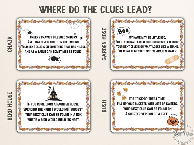 Printable Outdoor Halloween Treasure Hunt for Kids, 15 Riddle Clue ...