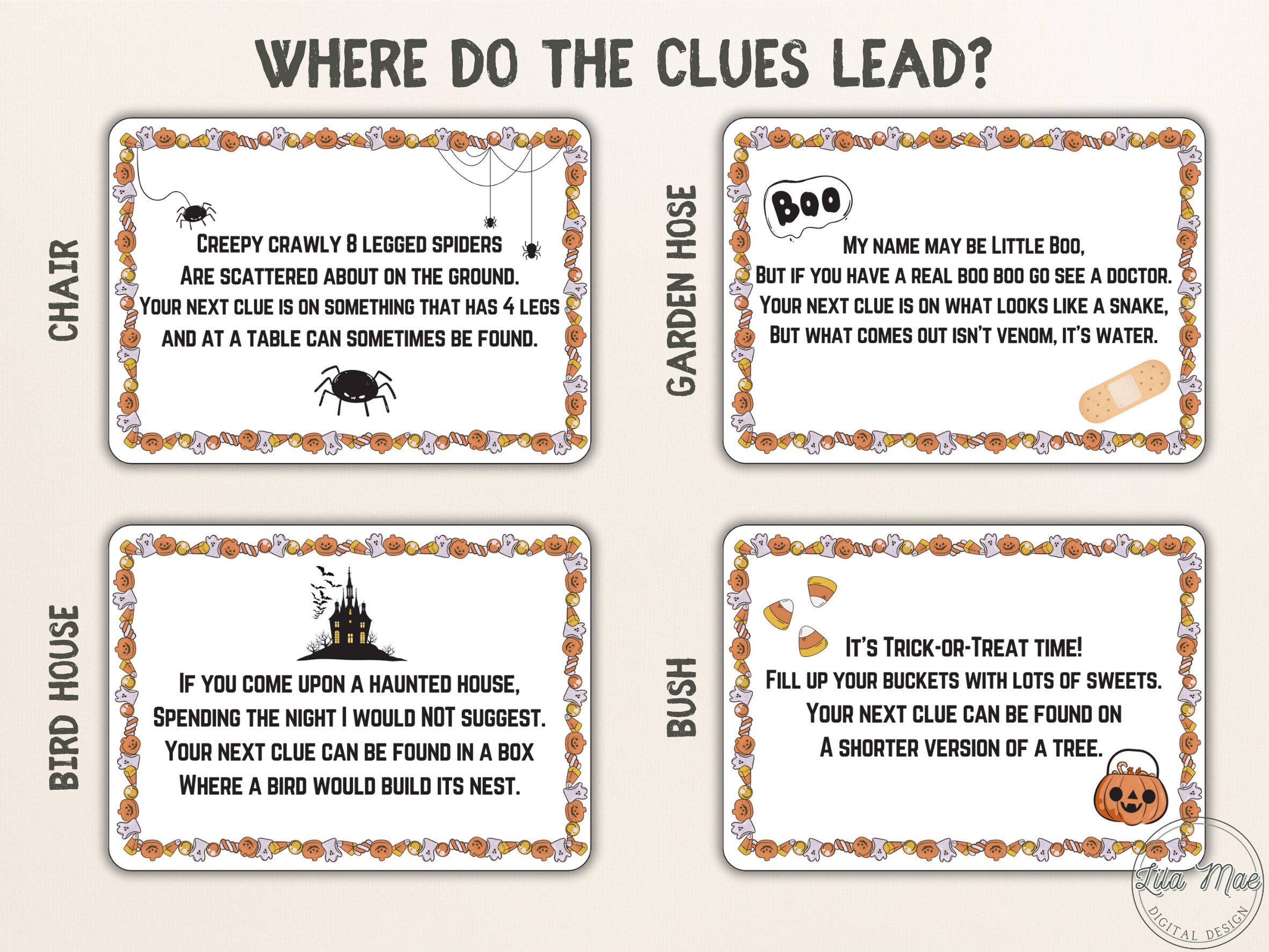 Printable Outdoor Halloween Treasure Hunt for Kids, 15 Riddle Clue ...