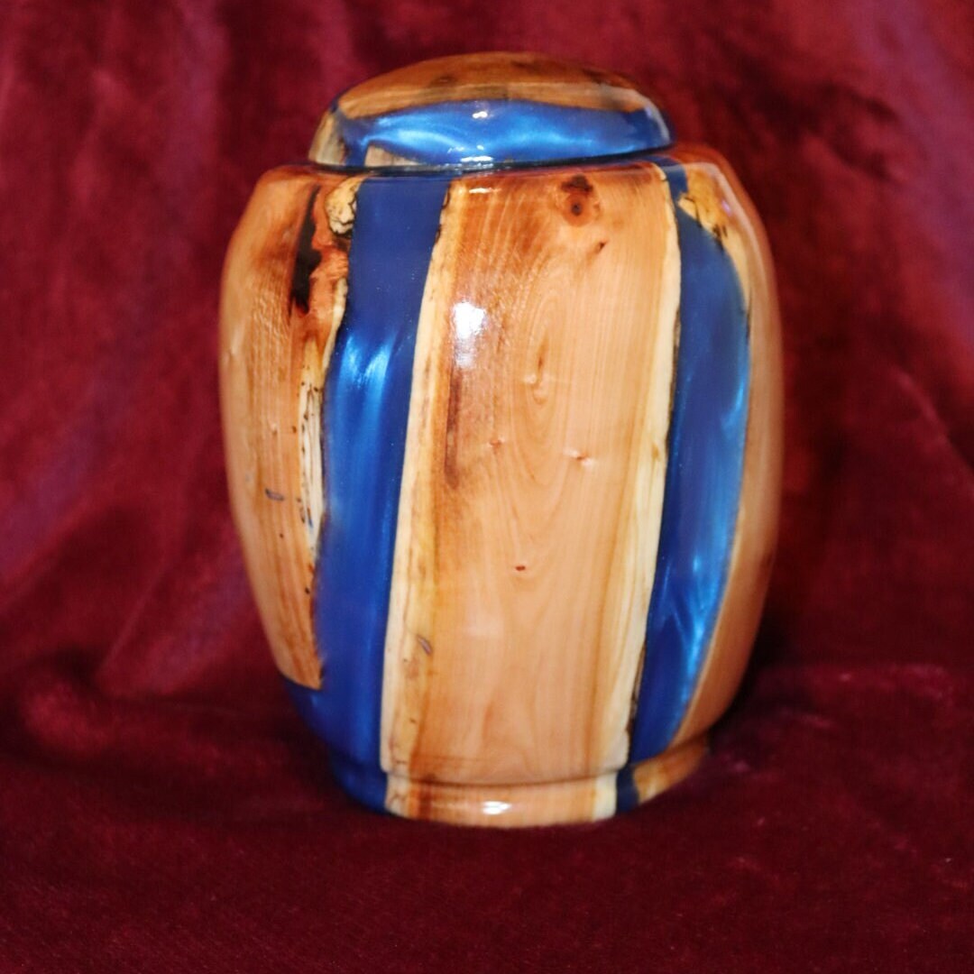 Handmade Acacia Wood and Satin Blue Pearl Epoxy Small Urn With Screw ...