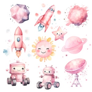 Pink Space Clipart, Pink Spaceman, Estrellas y Planetas, Pink Robots ...