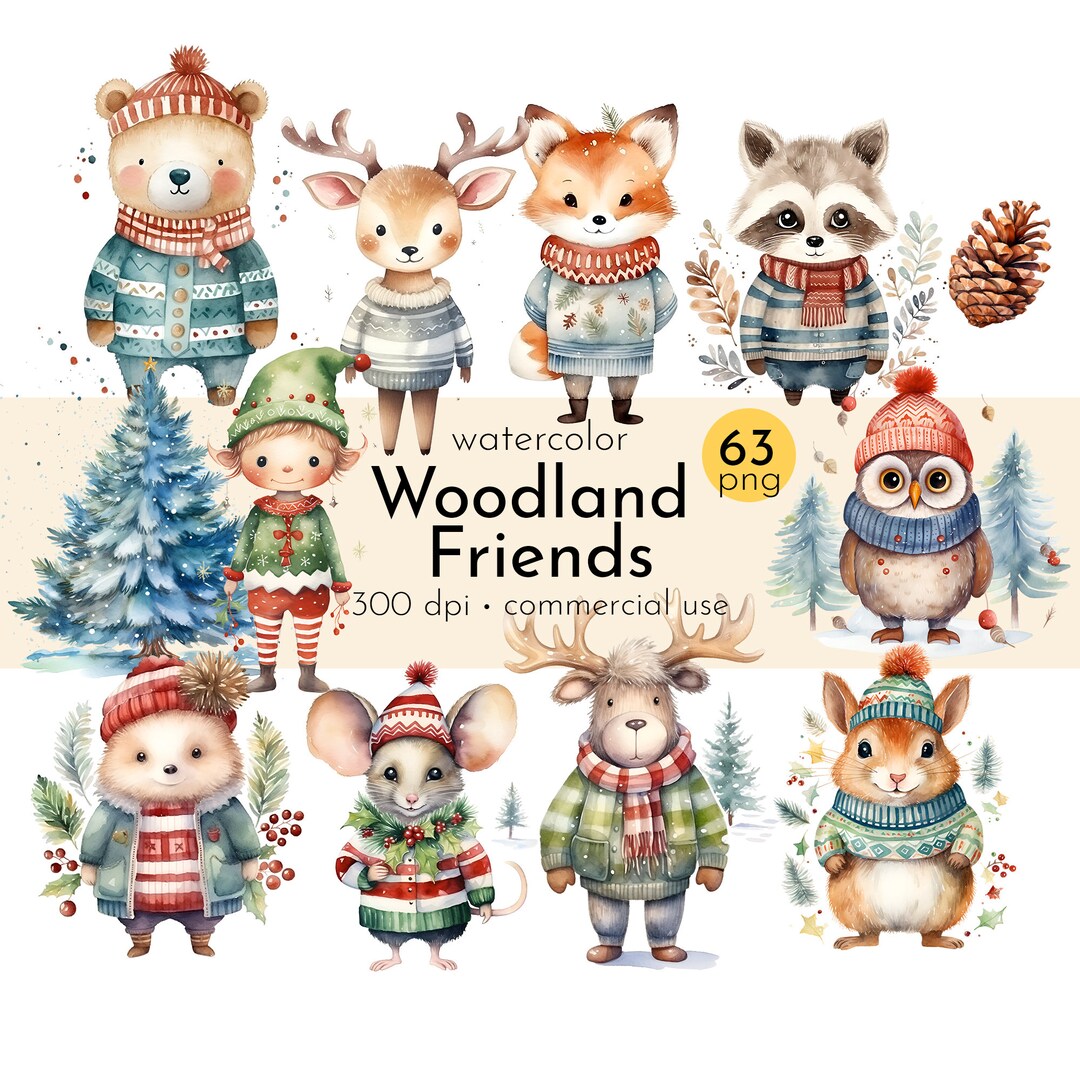 Watercolor Christmas Clipart: Woodland Animals PNG Graphics (commercial ...