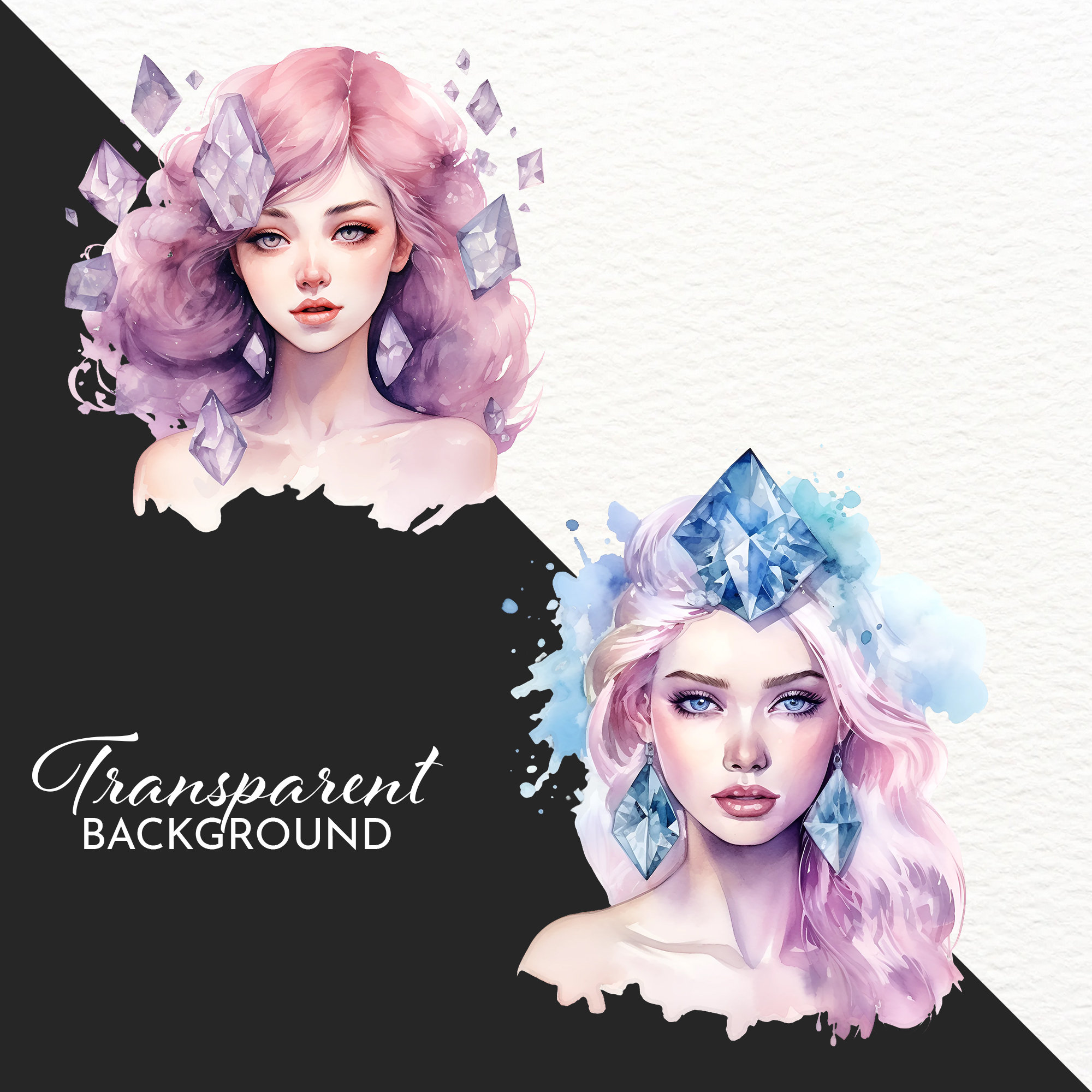 Dreamy Crystal Girl Clipart, Fantasy Watercolor Crystal, Quartz Crystal ...