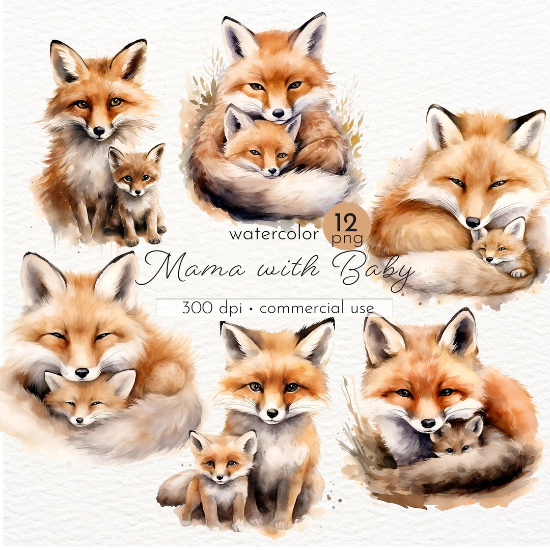 Mama With Baby Fox Clipart, Watercolor Fox, Baby Shower Clipart, Baby ...