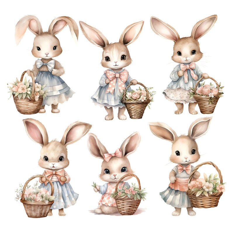 Rustic Bunny Girl With Basket Clipart, Watercolor Bunnies, Baby Shower ...