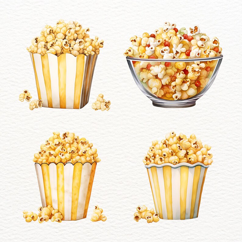 Watercolor Popcorn Clipart: PNG Bundle, Movie Party Graphics (instant ...