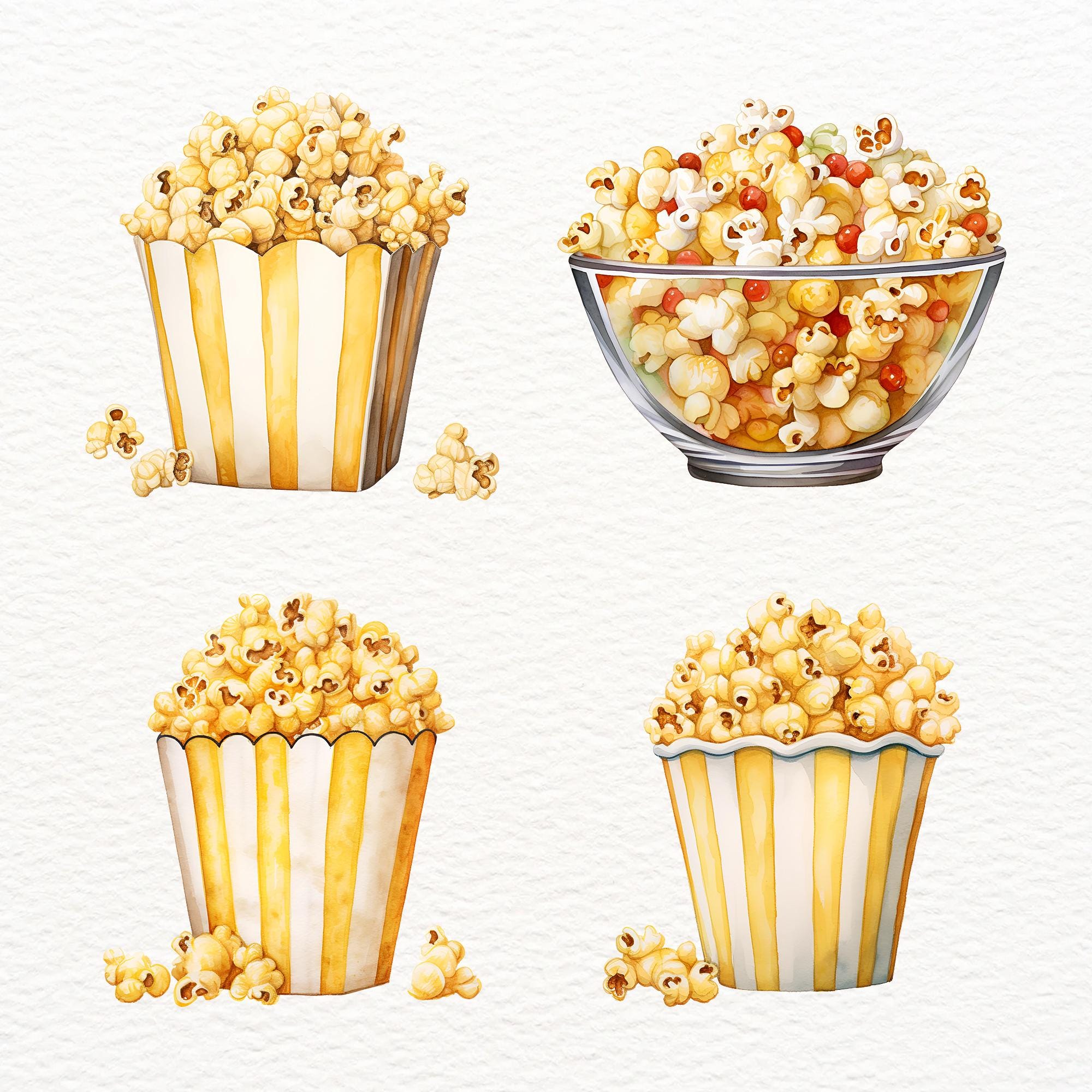 Watercolor Popcorn Clipart: PNG Bundle, Movie Party Graphics (instant ...