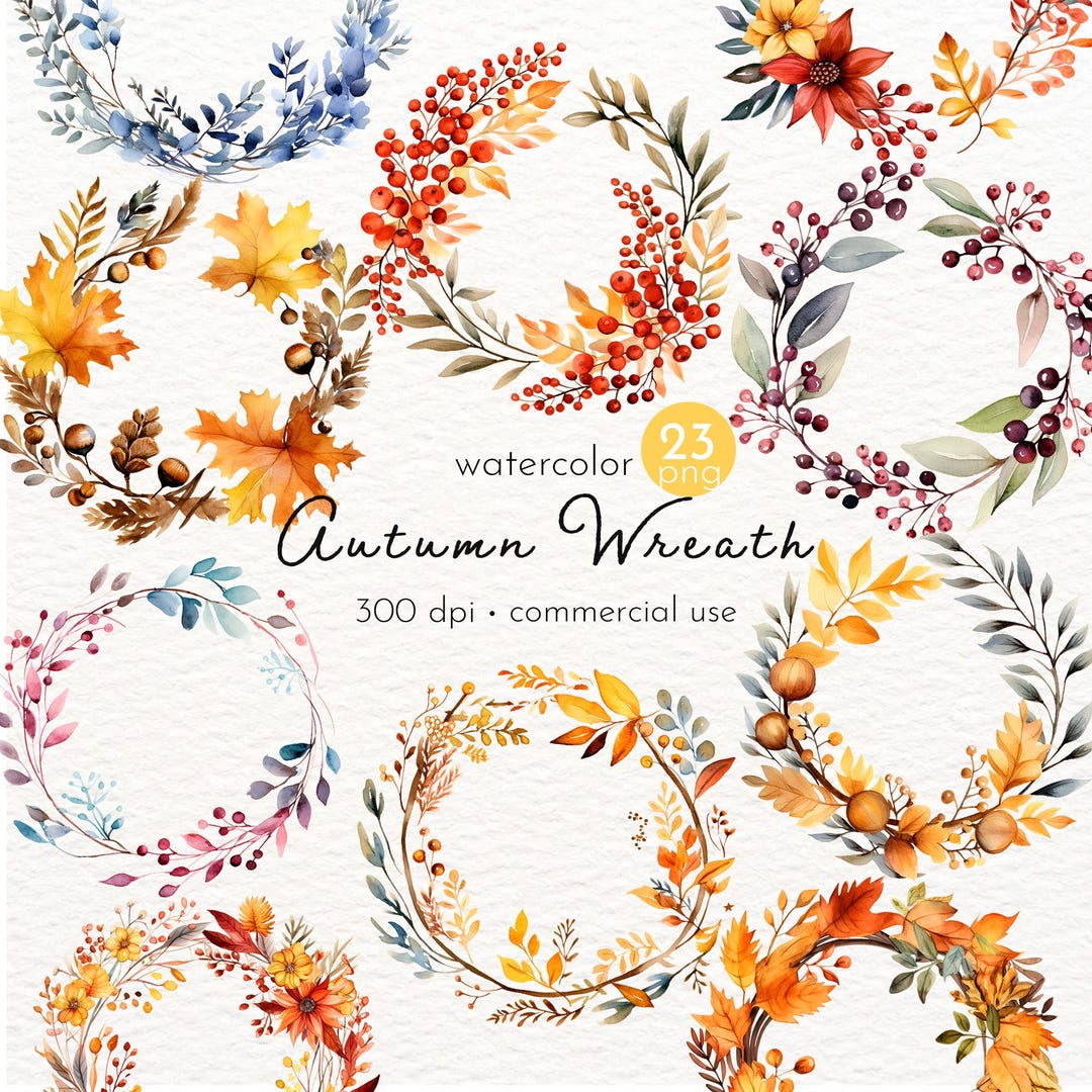 Watercolor Autumn Wreath Clipart: 23 PNG Images (commercial Use) - Etsy